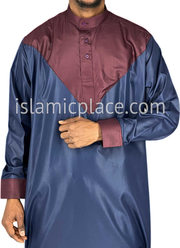 Navy Blue with Burgundy - Luqman Style Thob - The Islamic Place