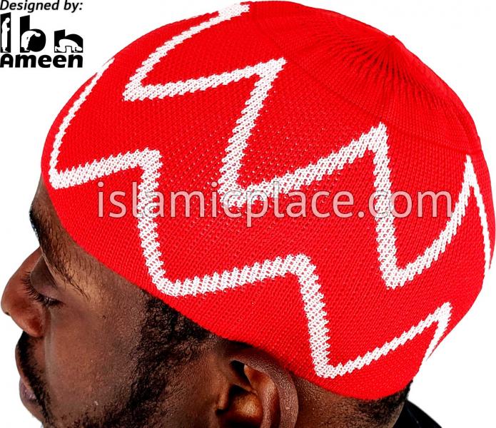 Red and White - Elastic Knitted Musa Designer Kufi - The Islamic Place
