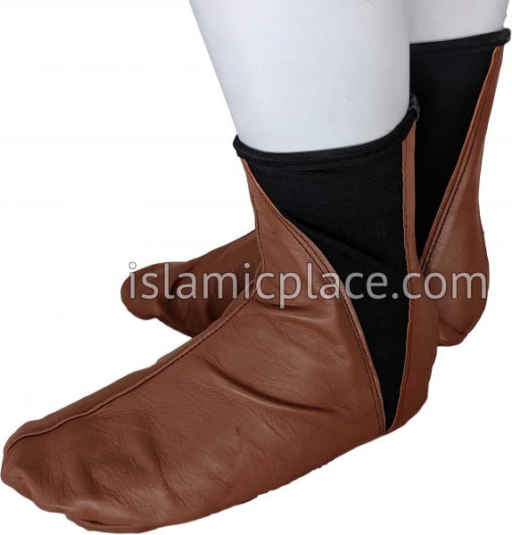 Chocolate Brown - Elastic Slip-on Khuff Leather socks - The Islamic Place