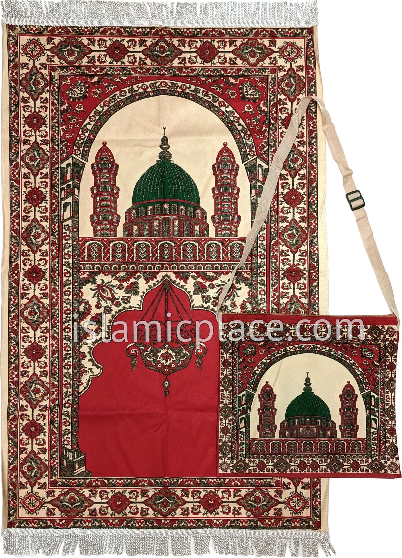 Red - Traditional Masjid Design Prayer Rug with Matching Zipper Carryi ...