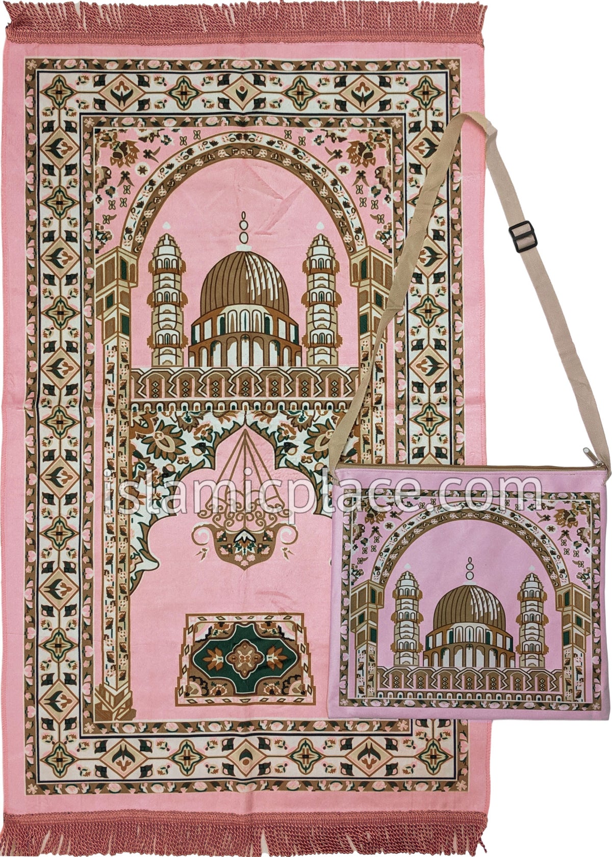 Pink - Mosque Sketch Design Prayer Rug with Matching Zipper Carrying B ...